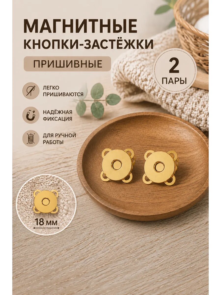 Пришивные магнитные кнопки 2 пары золото