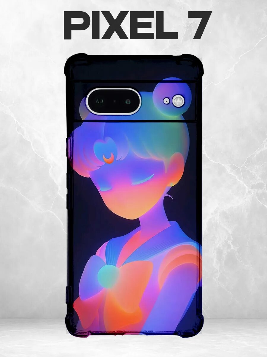 Чехол на Pixel 7 с принтом Неоновая девушка с радужным сердц