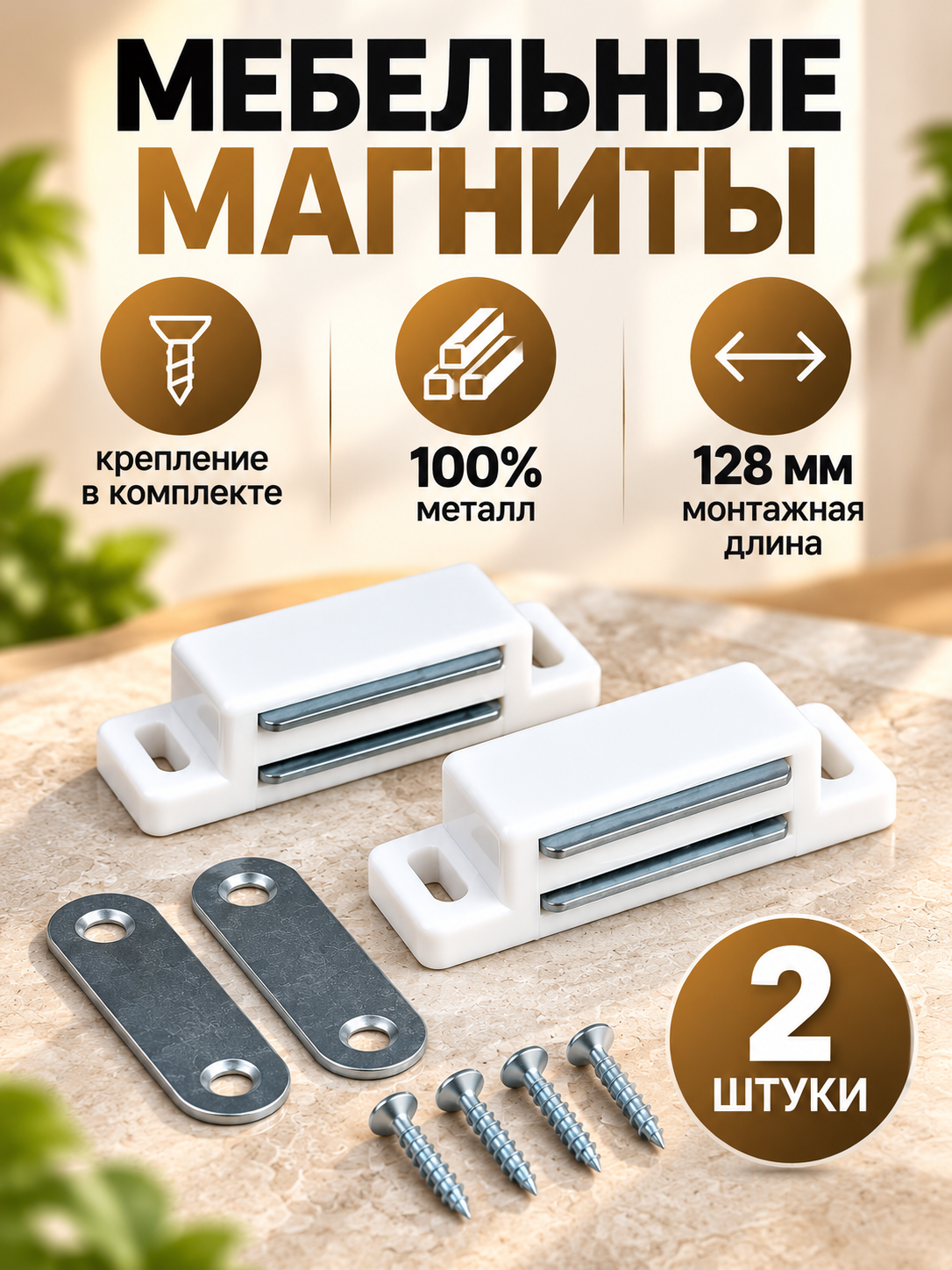 Магнитные защелки для кухонных шкафов 45х15 мм, 2 штуки, цвет белый