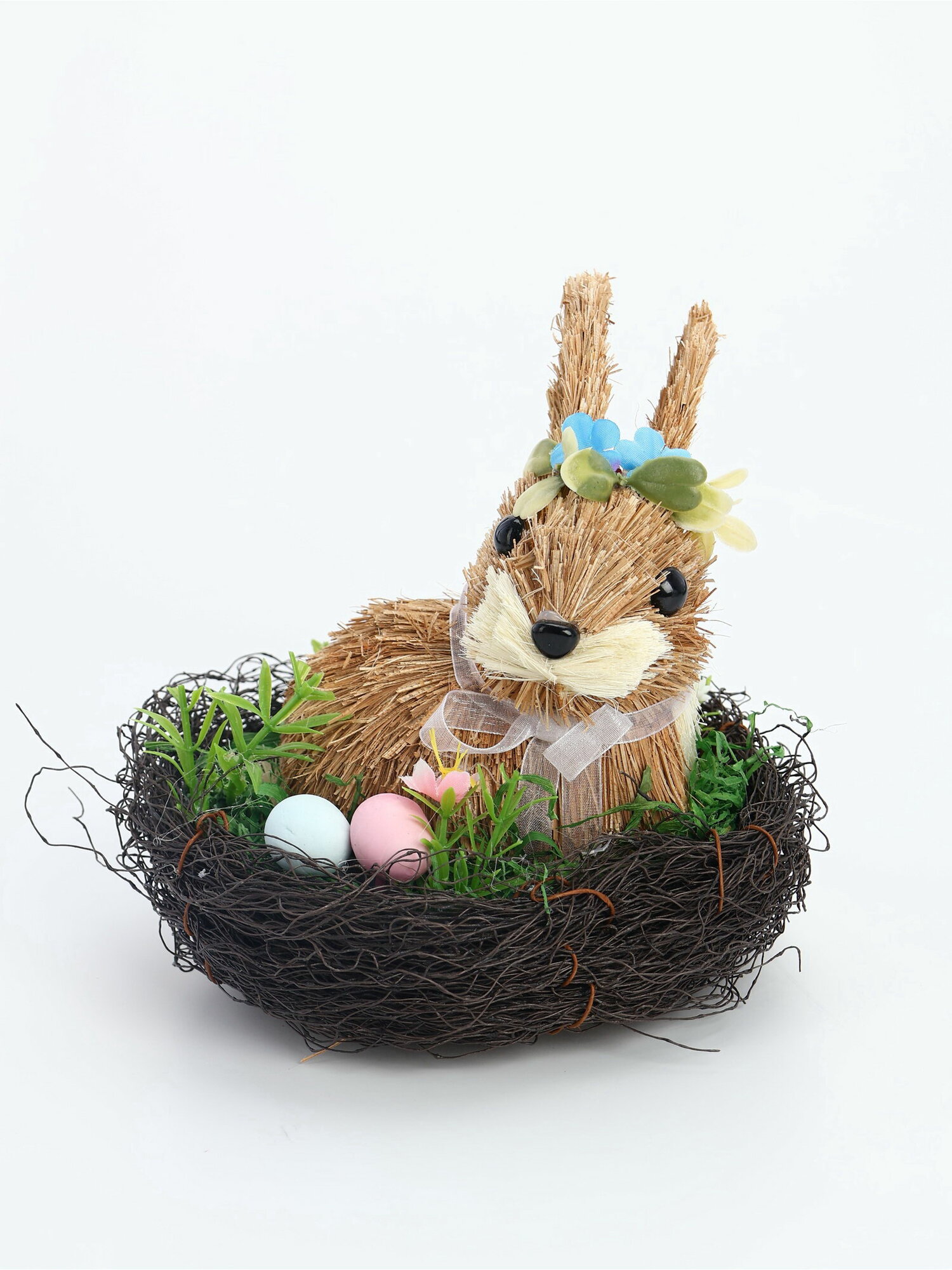 Фигурка интерьерная "Зайчик в пасхальном гнезде", солома, 15.5x15.5x16 см