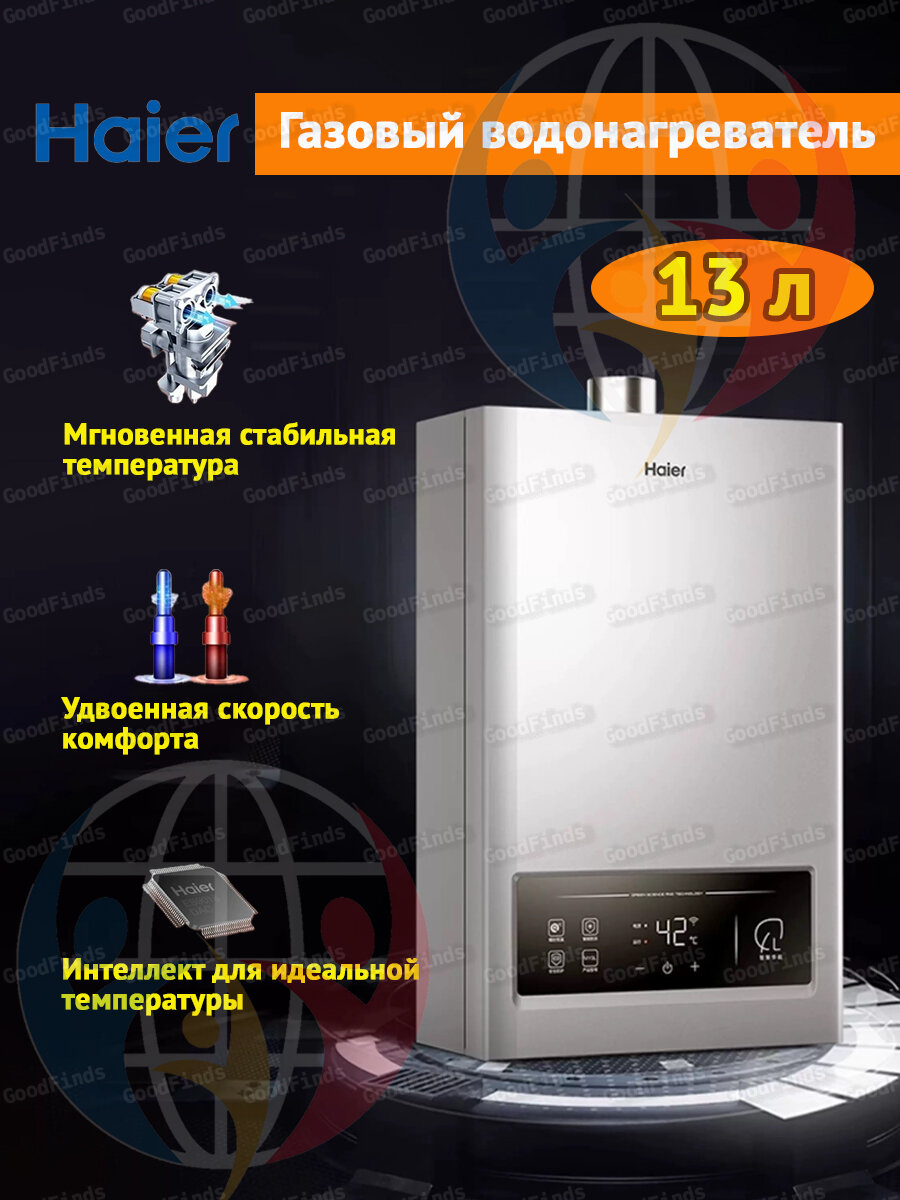 Газовый водонагреватель Haier, управление кнопками, дистанционное управление по Wi-Fi, 13 л,24.5кВт