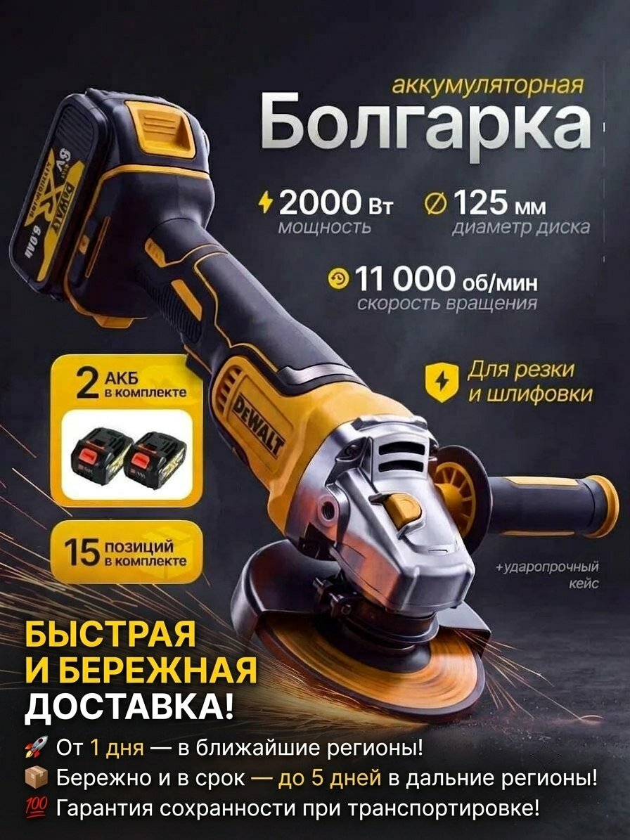 Болгарка аккумуляторная KazzPro, 125 мм, 2 аккумулятора, зарядное устройство, угловая шлифмашина, 11000 об/мин