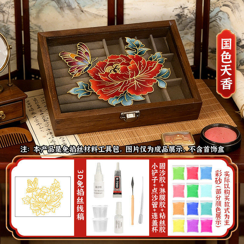 Набор для эмали cloisonne - Небесный аромат пиона - Полный комплект для украшения шкатулки, без шкатулки