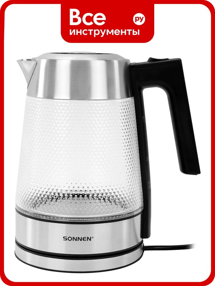 Чайник электрический SONNEN KT-1809, 1,8л, 2200 Вт, стекло, сталь, подсветка, узор ромб 455142