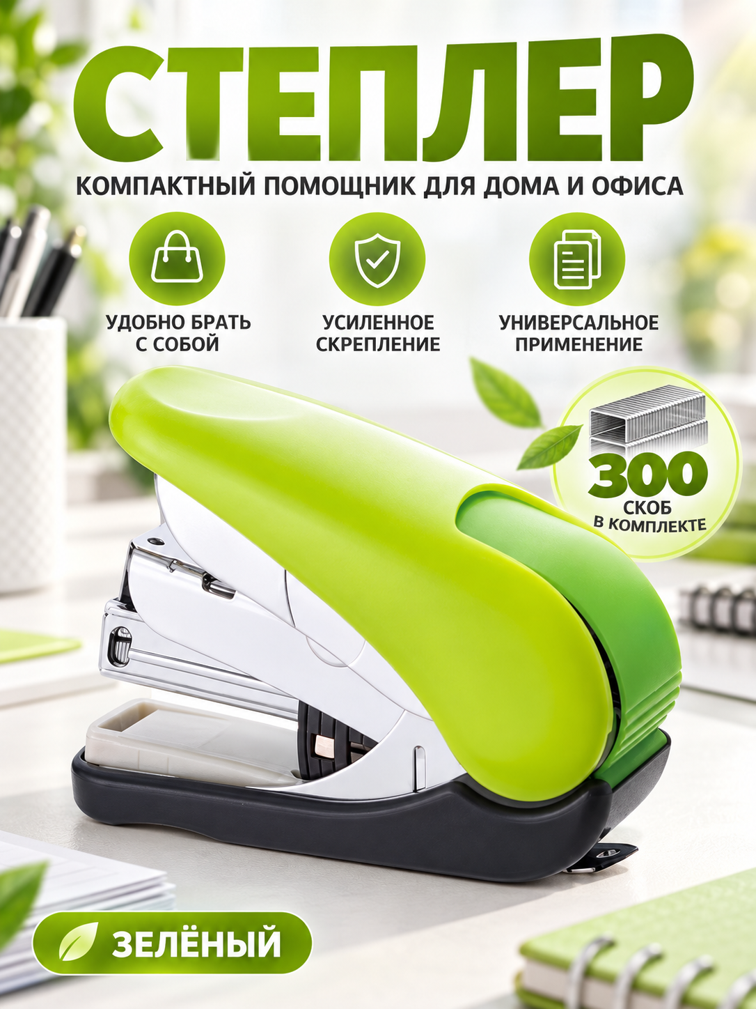 Степлер зелёный офисный компактный, легко носить с собой, универсальное применение, усиленное скрепление, 300 скоб в наборе для дома и офиса