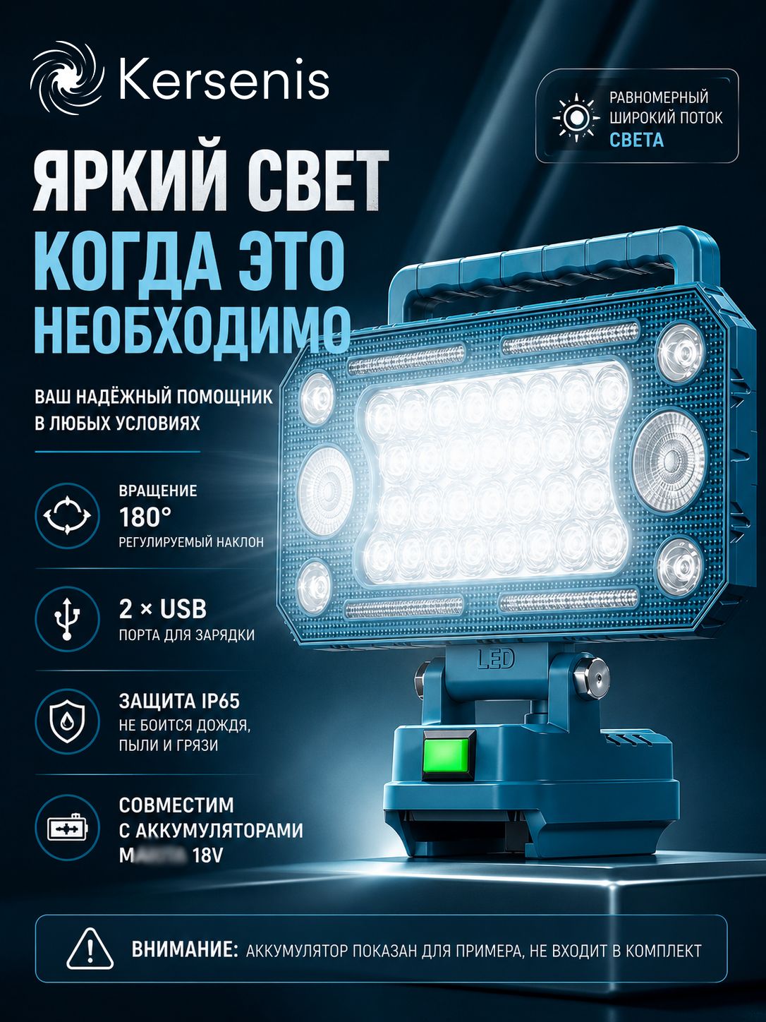 KERSENIS Фонарь под аккумулятор M*kit*, LED-прожектор 8 дюймов, 3 режима, красно-синий сигнал, USB