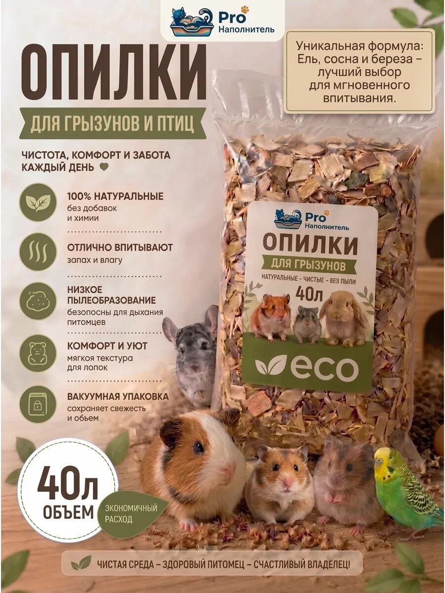 Натуральные опилки из дерева для грызунов и кроликов 40л, без добавок и химии