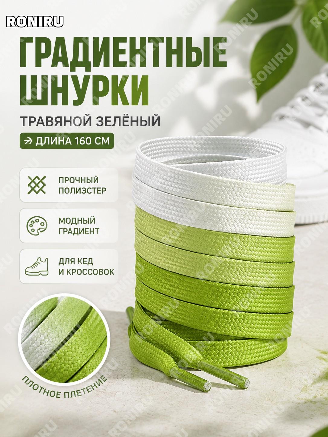 Шнурки для обуви 8 мм плоские градиентные, зелёный градиент, 160 см, полиэстер, для кед и кроссовок для кроссовок
