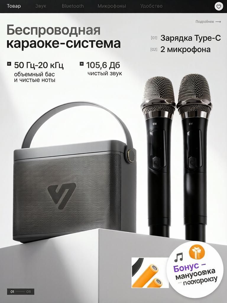 Караоке система с двумя микрофонами серая VRPRO