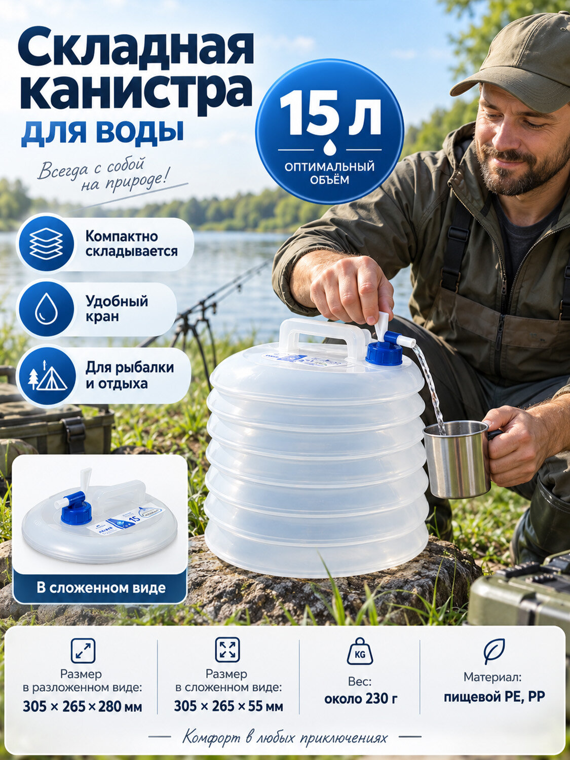 Ведро складное 15 л Naturehike, туристическое водонепроницаемое ведро с ручкой, компактное для дачи, рыбалки, кемпинга и мытья полов