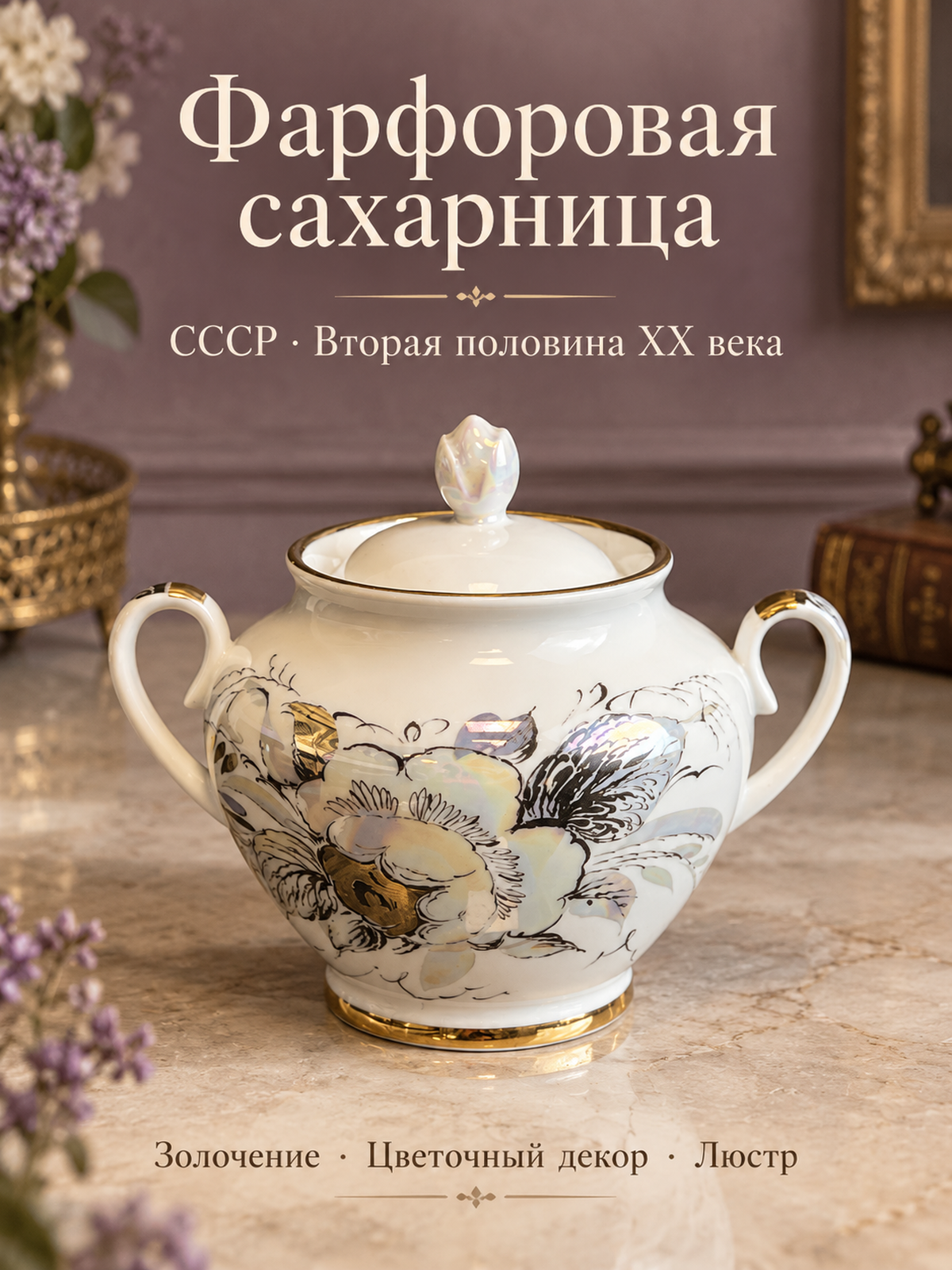 Сахарница фарфоровая из сервиза "Жемчужный", деколь цветы, люстр, золочение, ЛФЗ винтаж СССР 1980-1991 гг