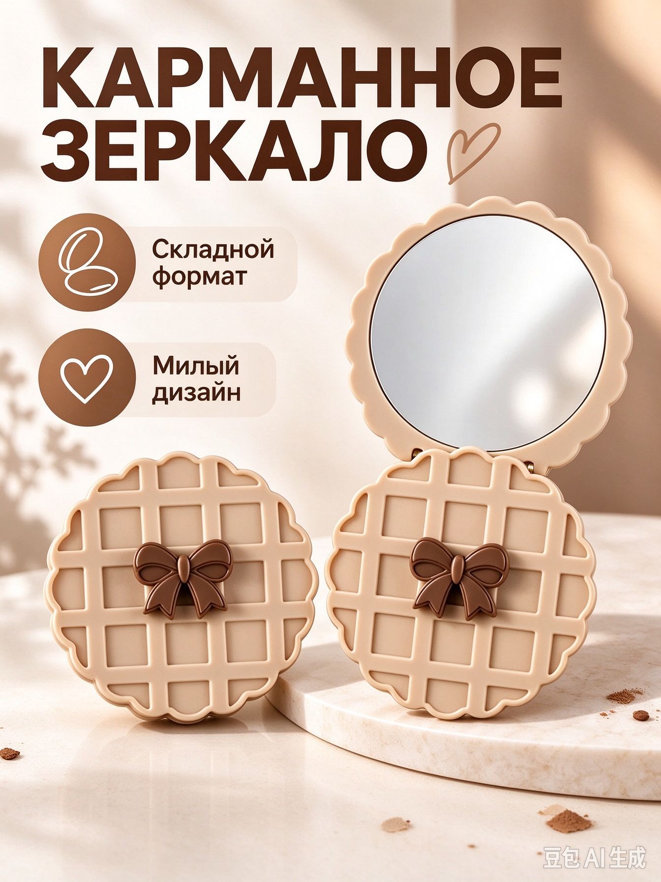 Компактное зеркало-вафля с бантиком, складное карманное зеркало для макияжа