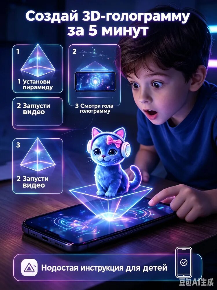 3D проектор-голограмма для смартфона, набор для творчества - Опыты и эксперименты для детей, развивающая игрушка.