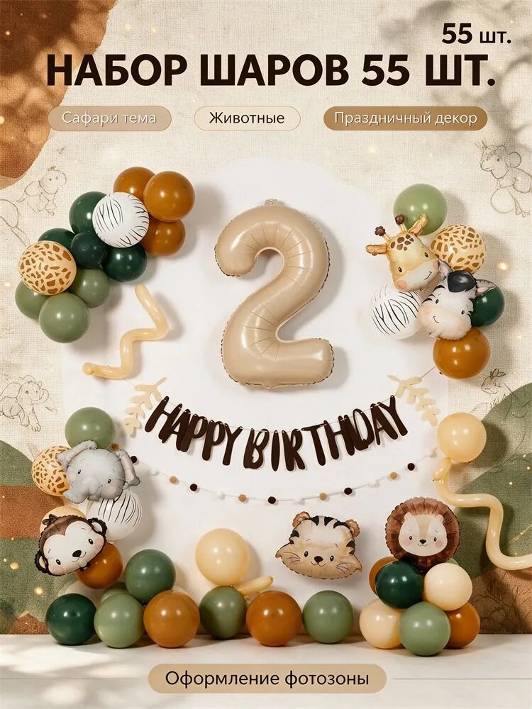 Набор шаров 55 шт, тема сафари дикие животные, гирлянда Happy Birthday, фольгированная цифра 1 9 на выбор, декор для детского дня рождения