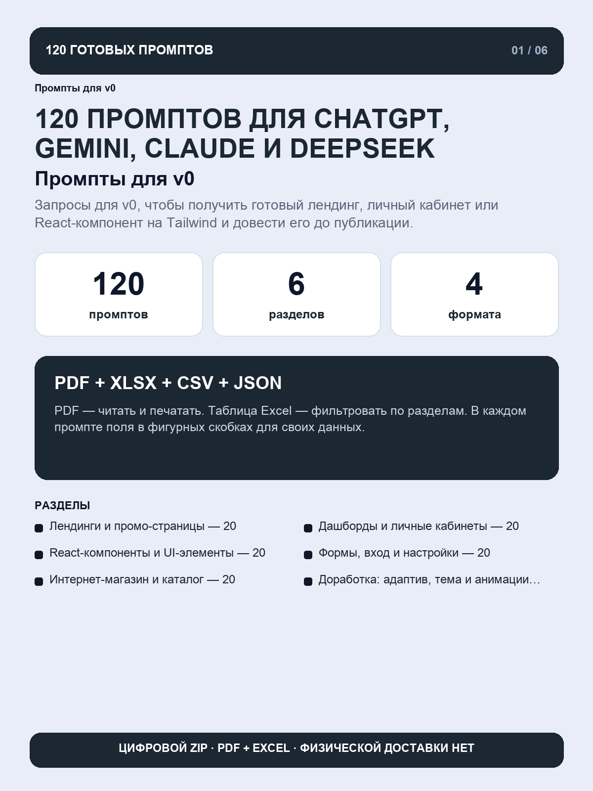 Промпты для v0: 120 запросов для лендингов, интерфейсов и React-компонентов, цифровая книга PDF A4