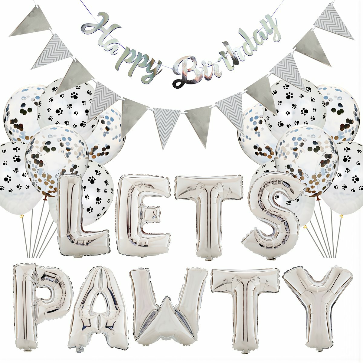 Набор шаров для вечеринки питомца LET'S PAWTY, золотые алюминиевые шары, флажки с угловыми треугольниками, блестящая лента для дня рождения питомца