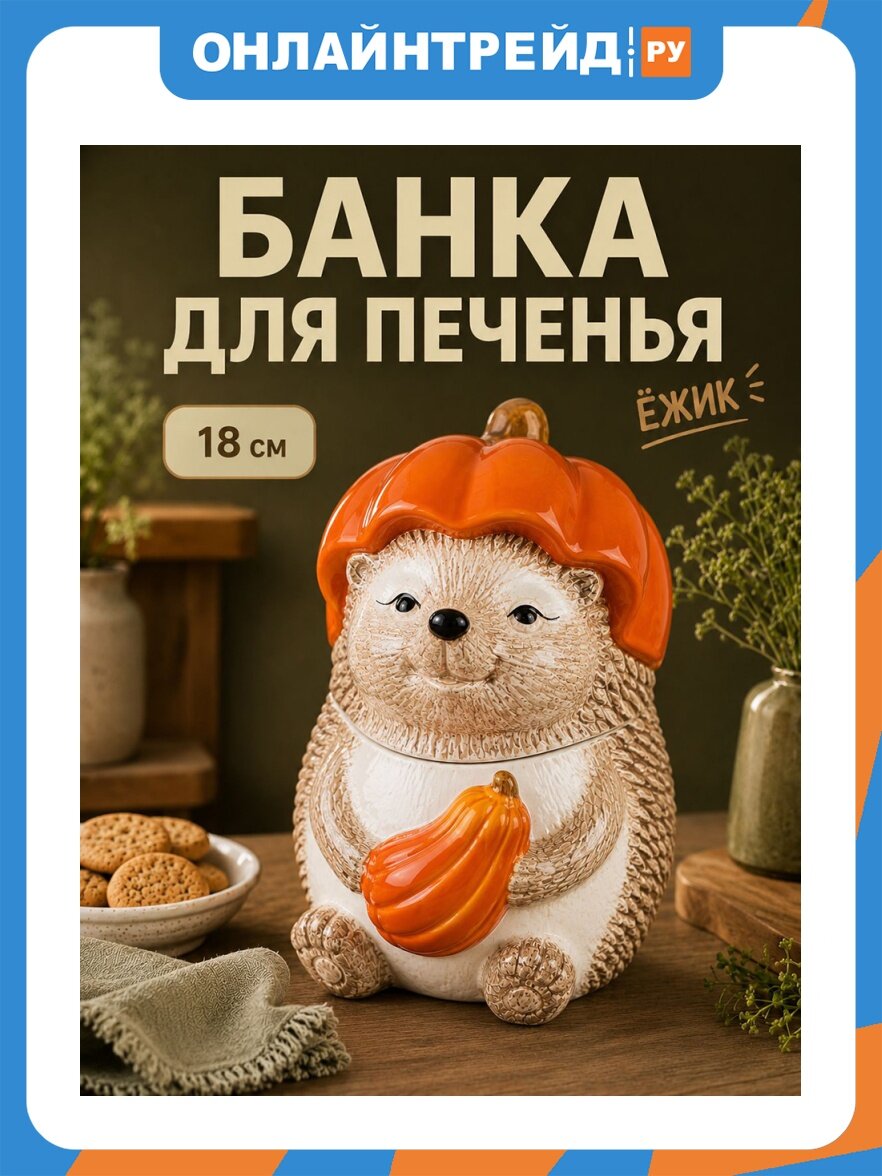 Elan Gallery Банка для печенья 850 мл 15,5*13,5*18,5 см "Ежики", высота без крышки 9 см, керамика 340132