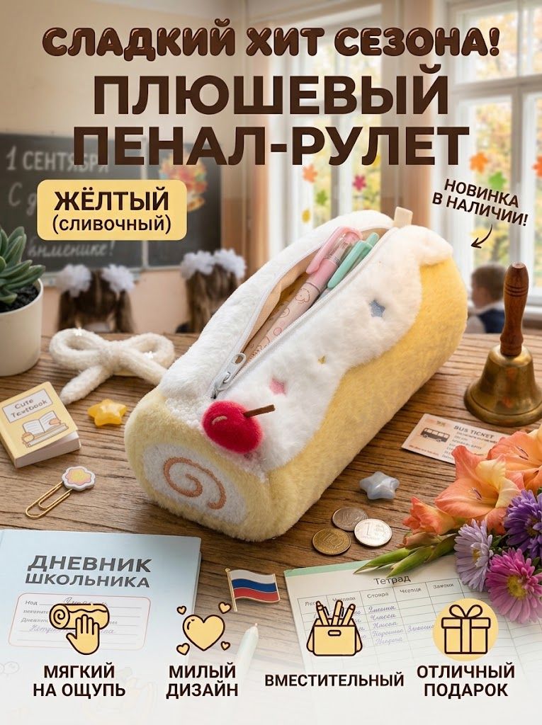 Пенал школьный для девочек плюшевый рулет швейцарский, мягкий жёлтый милый, канцелярский с замком, вместительный