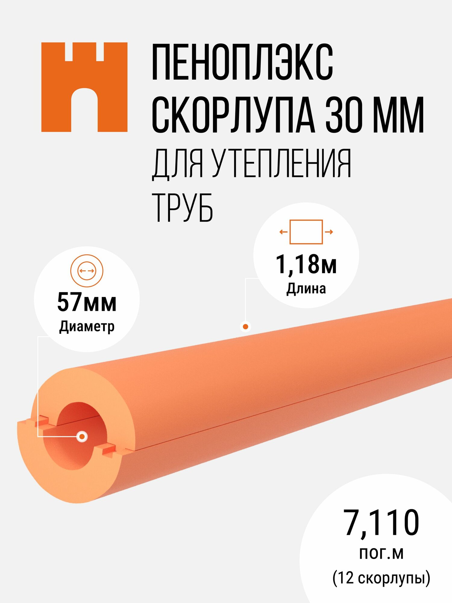 Утеплитель пеноплэкс для труб диаметром 57мм, скорлупа XPS 30мм, 7,11 пог. м, 12 скорлуп