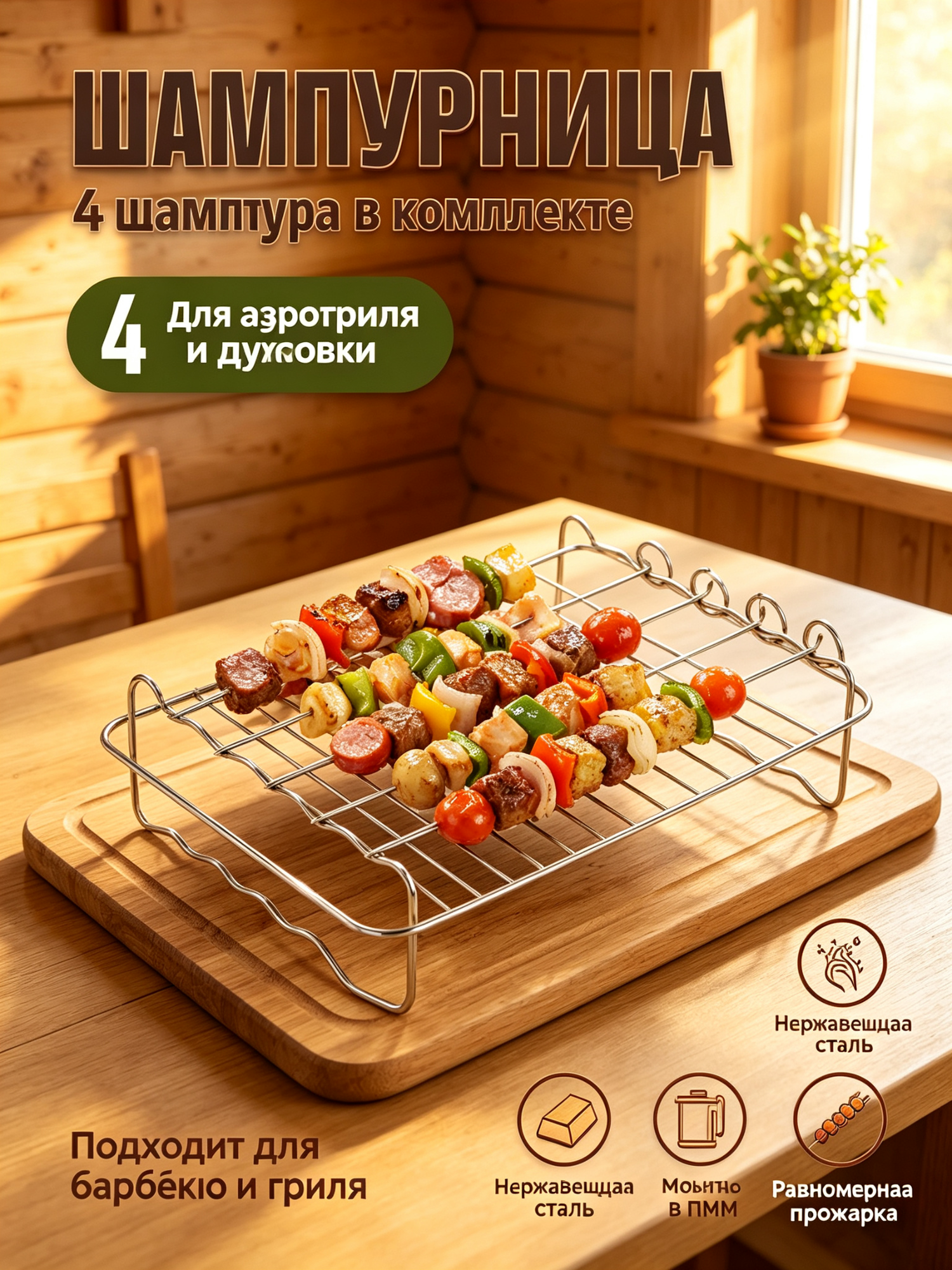 Комплект шампурница 4 шампура + решетка для духовки, аэрофритюрницы и барбекю