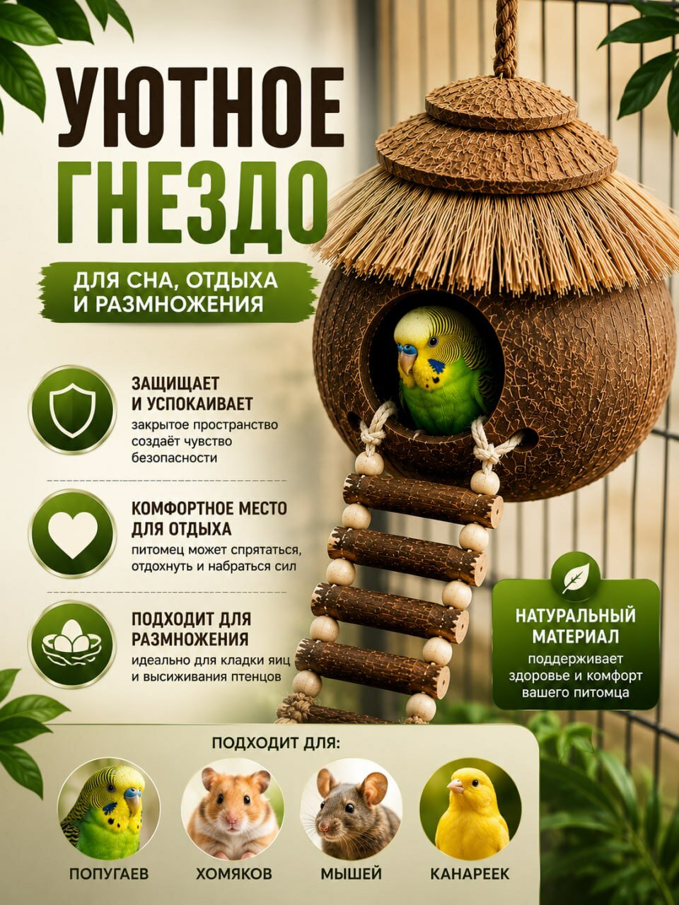 Подвесной домик жердочка для птиц Гнездо для разведения попугаев.