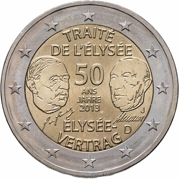 Германия 2 евро 2013 "50 лет Елисейскому договору о франко-германской дружбе", Биметалл, в сохранности UNC