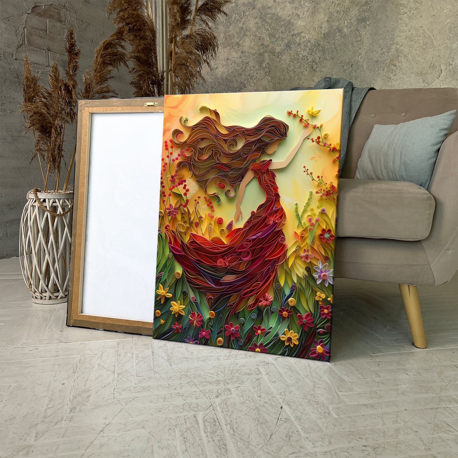 Картина на холсте (Девушка в красном платье на поле с цветами) 30x40 см. Интерьерная, на стену.