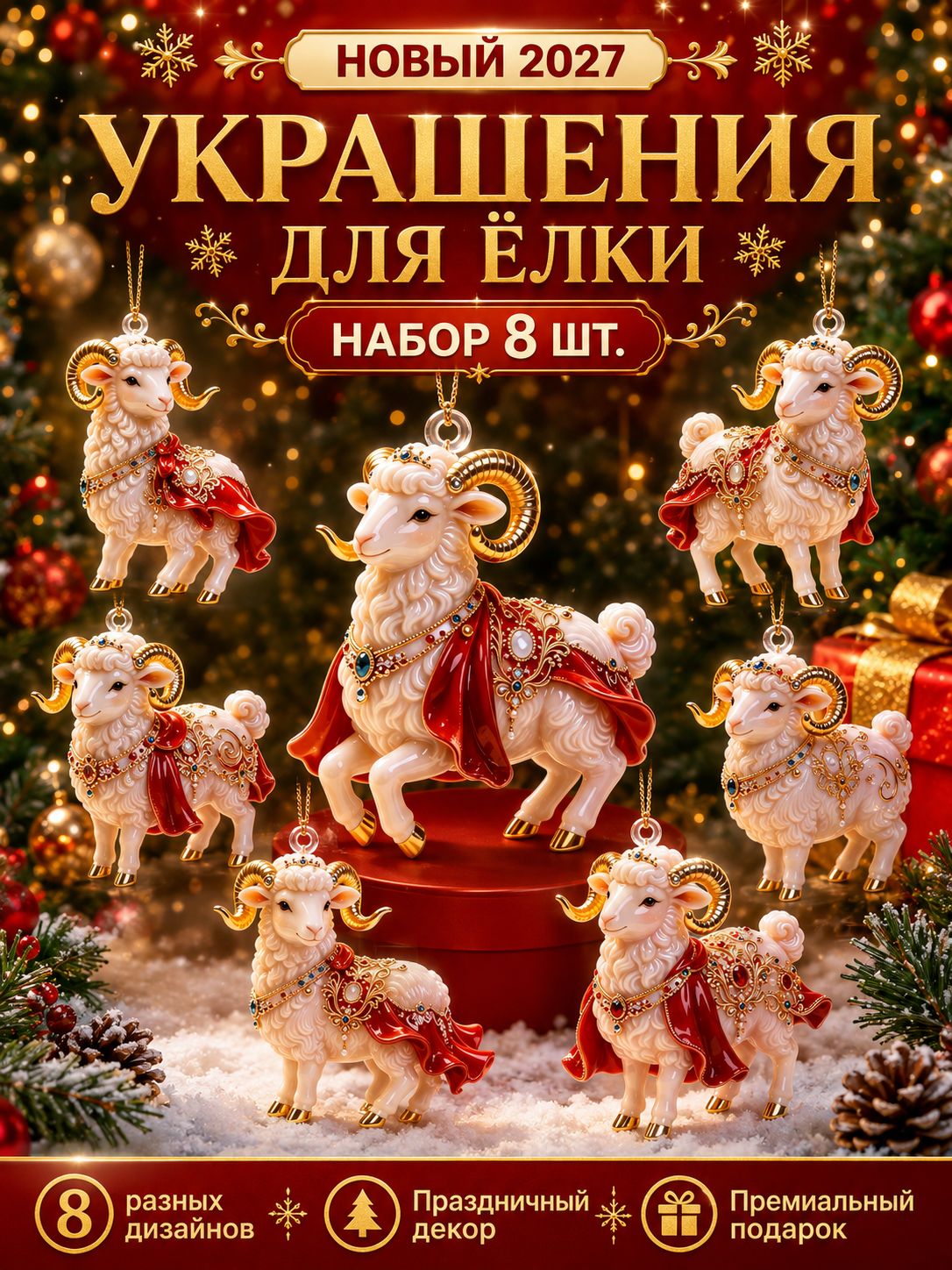 Елочная игрушка 8 см коза разноцветный 8 шт