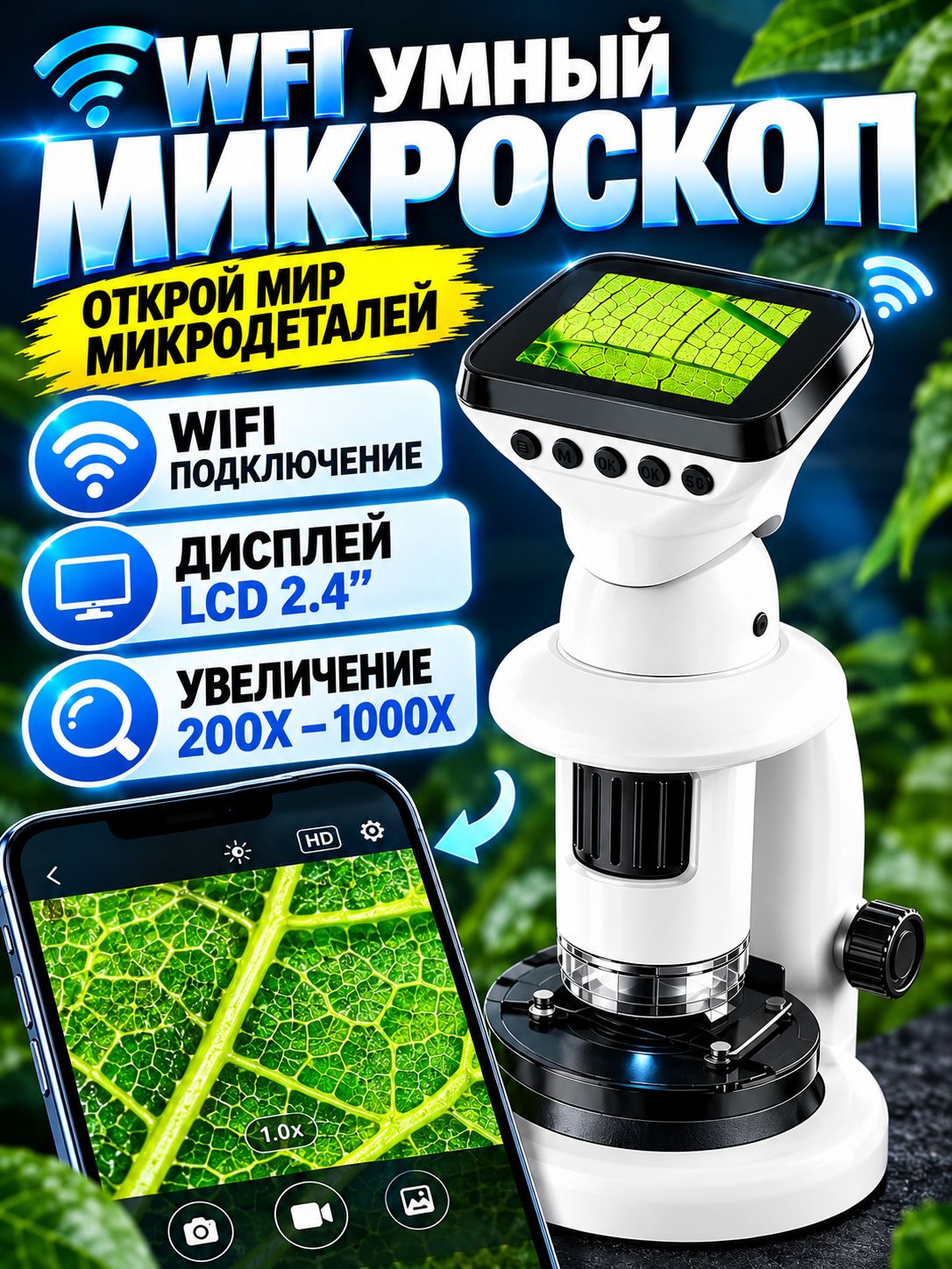 Портативный цифровой микроскоп с Wi-Fi для детей и взрослых с HD экраном 2.4' + набор образцов