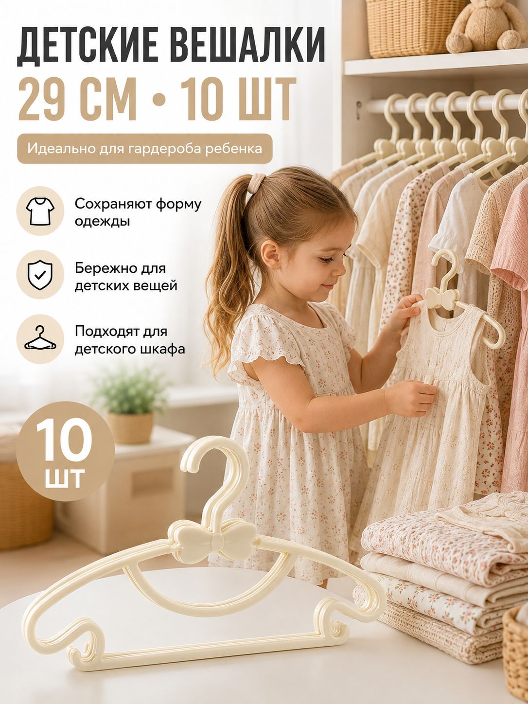 Вешалка плечики 29 см 10 шт пластик светло-бежевый