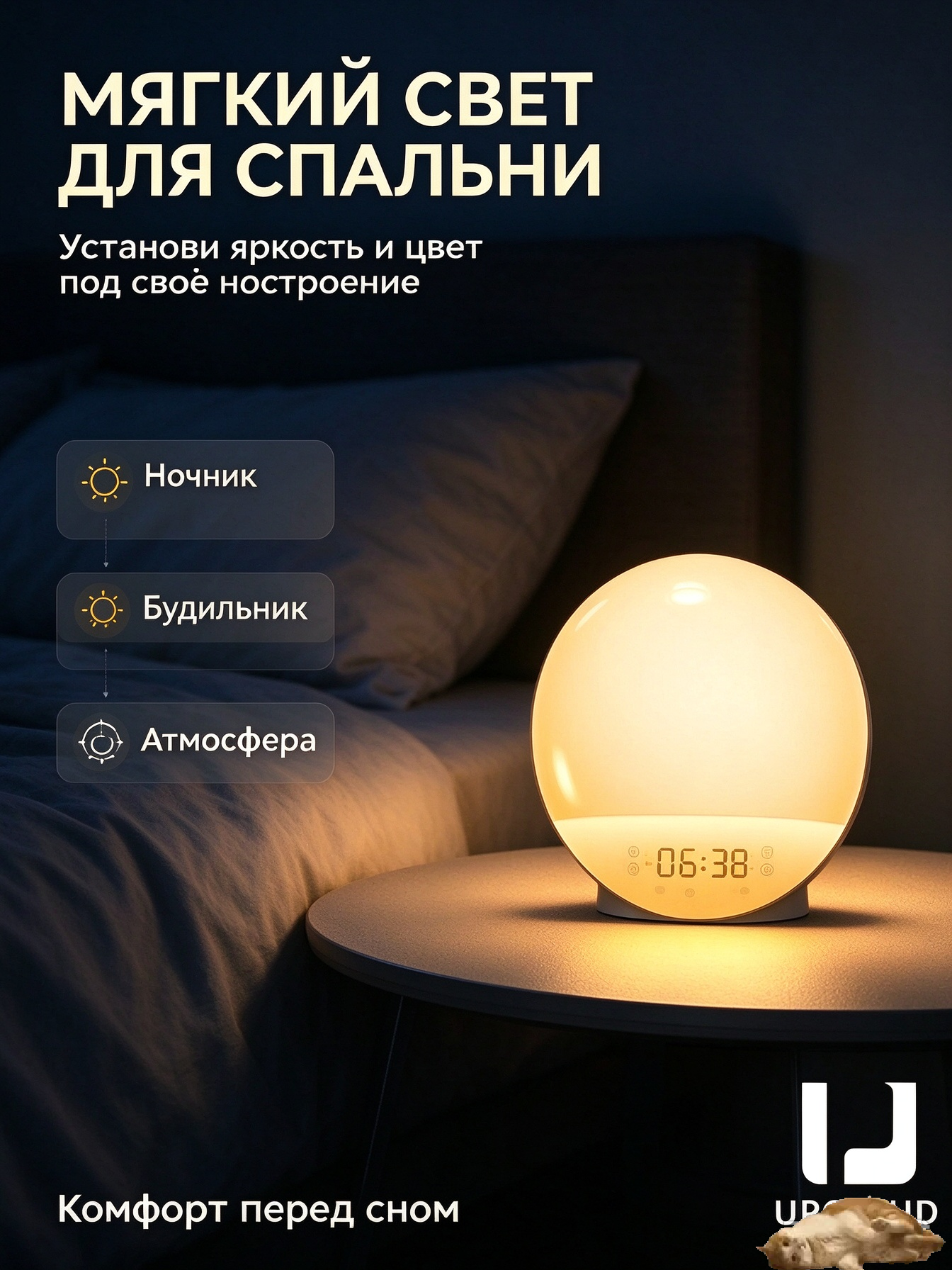 Лампа ночник/Имитируйте естественный свет восхода и захода солнца для пробуждения/Электронный будильник+Время