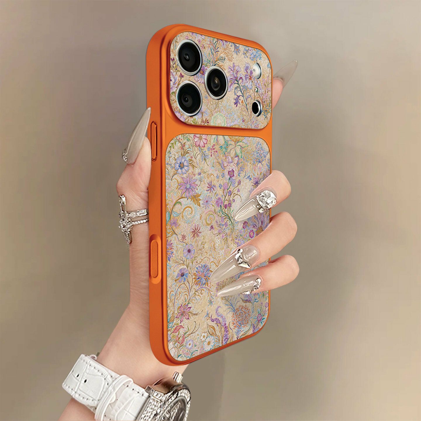 Премиальный чехол из искусственной овечьей кожи для Apple iPhone 17, оранжевый, цветочный сад