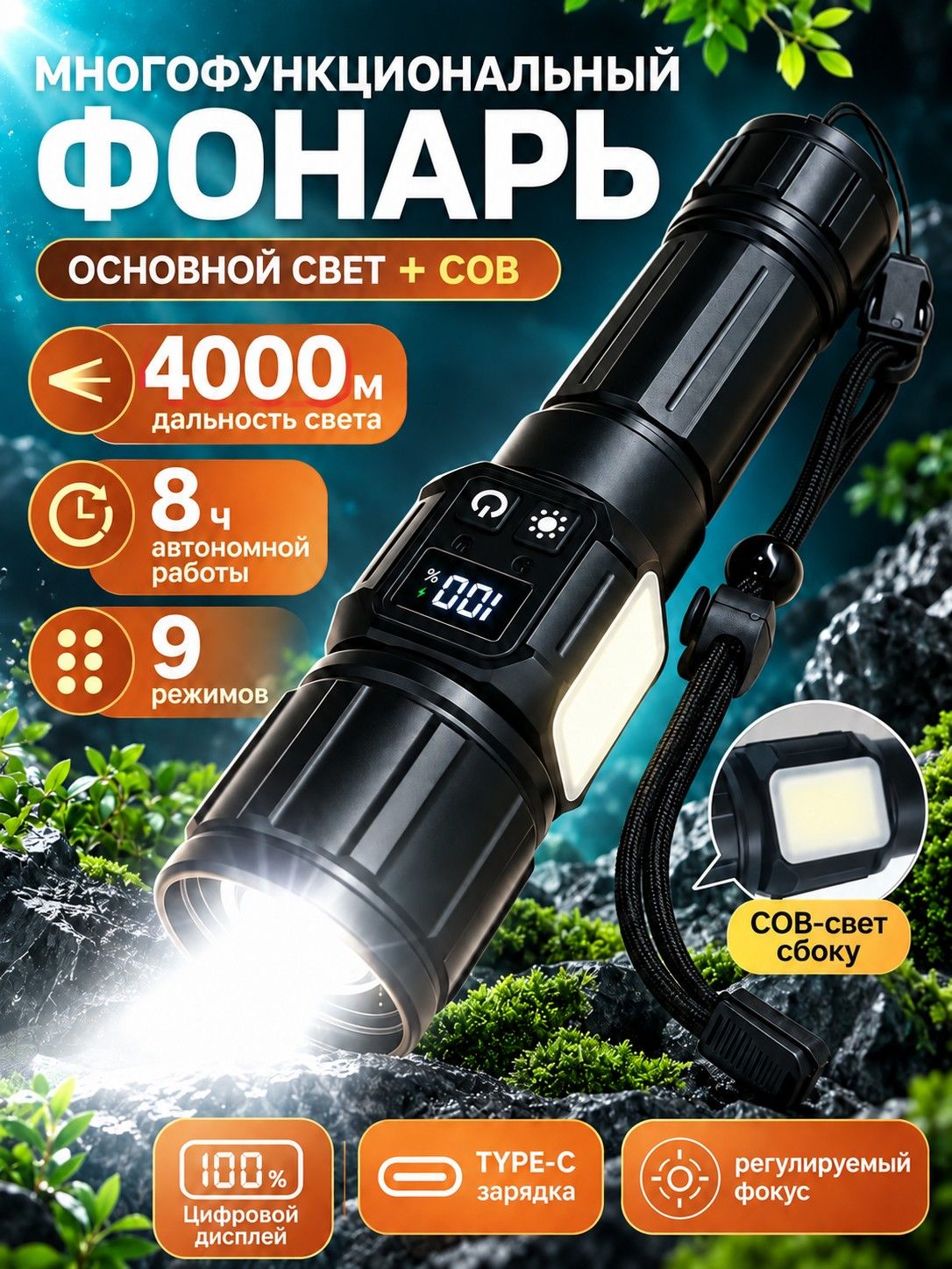 Мощный фонарь аккумуляторный лазерный с ZOOM и магнитом, PowerBank, красным и белым светом, LED, 18650 или 3xAAA / 21700 / 26650, фонарик тактический
