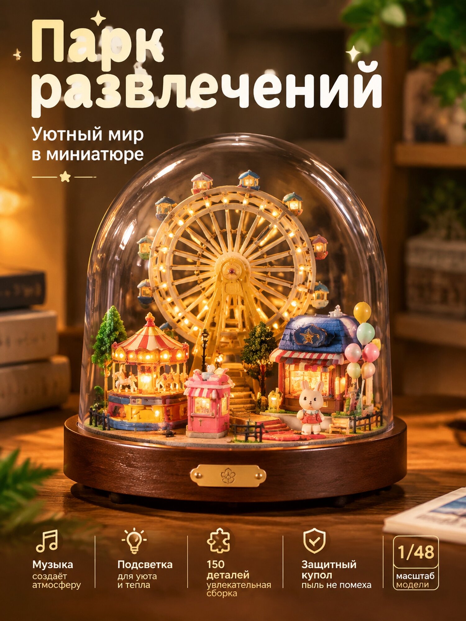 Интерьерный конструктор-дом «Парк развлечений», масштаб 1/48, 150 деталей, музыка, подсветка и защитный купол