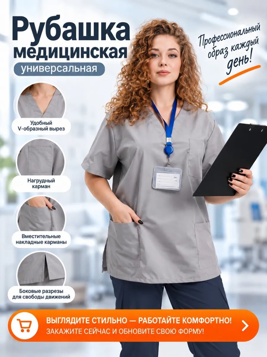 Рубашка медицинская женская/мужская с карманами, серая, 60-62/170-176