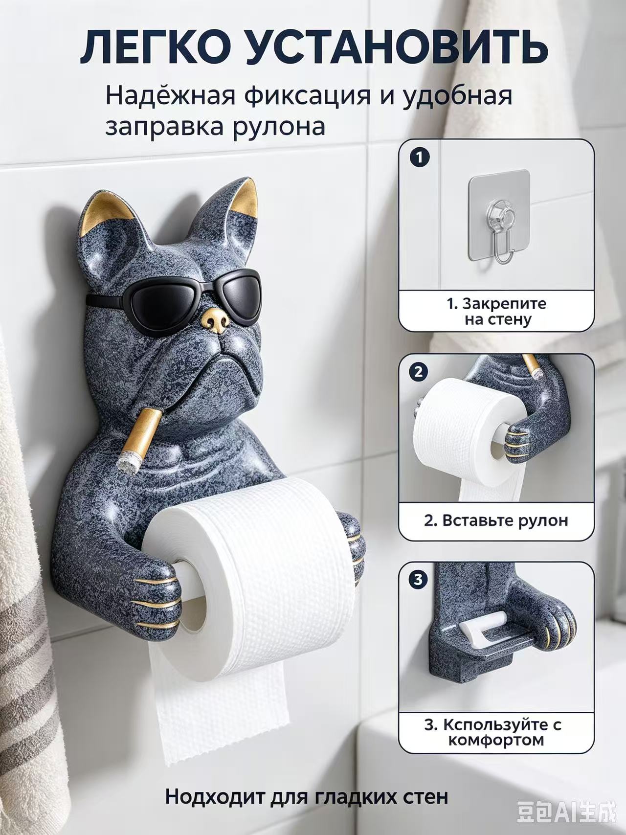 Держатель для туалетной бумаги "Бульдог", серый, настенный, без перфорации