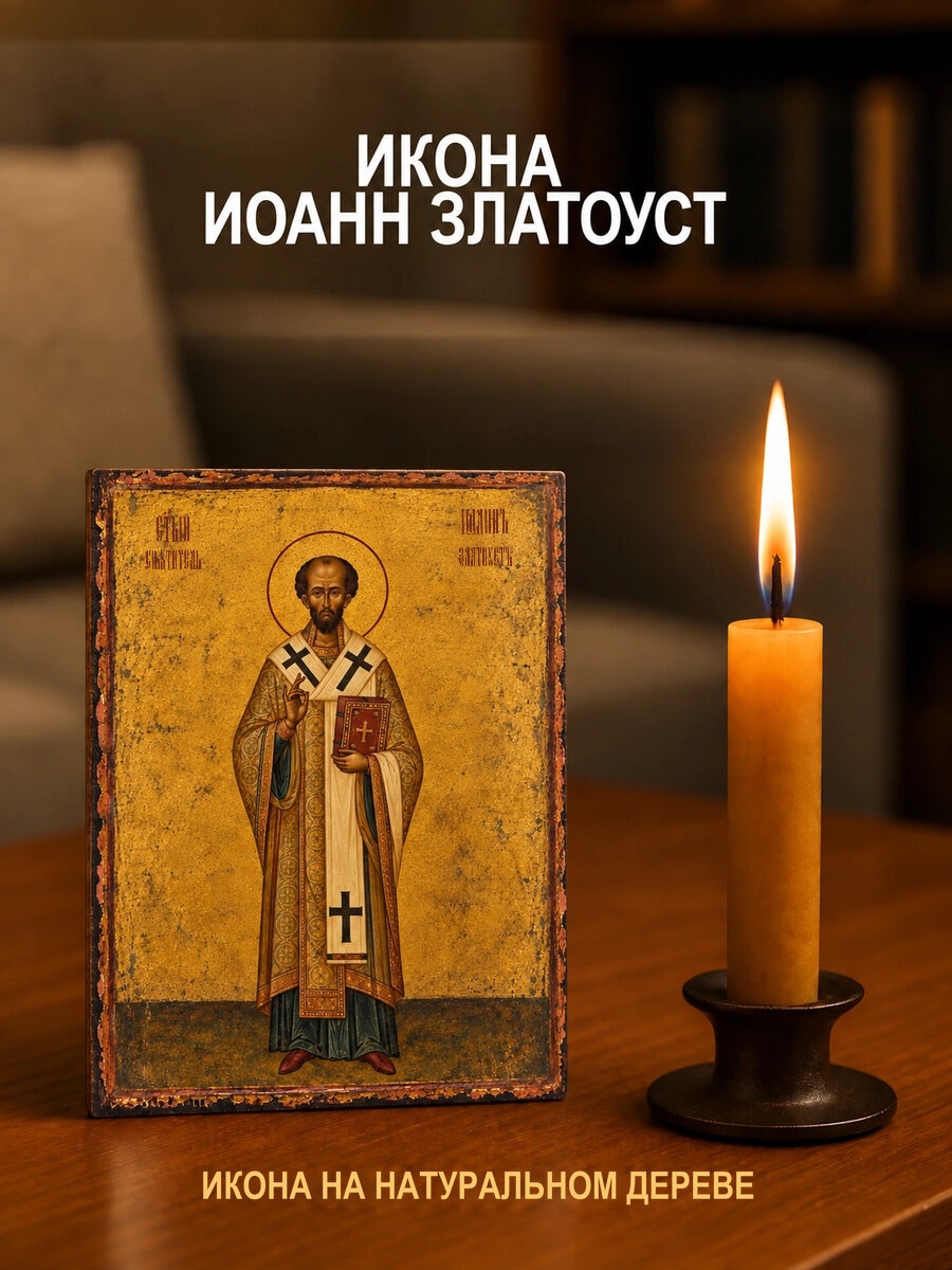 Икона «Иоанн Златоуст» на натуральном дереве, 10×12 см, состаренное исполнение