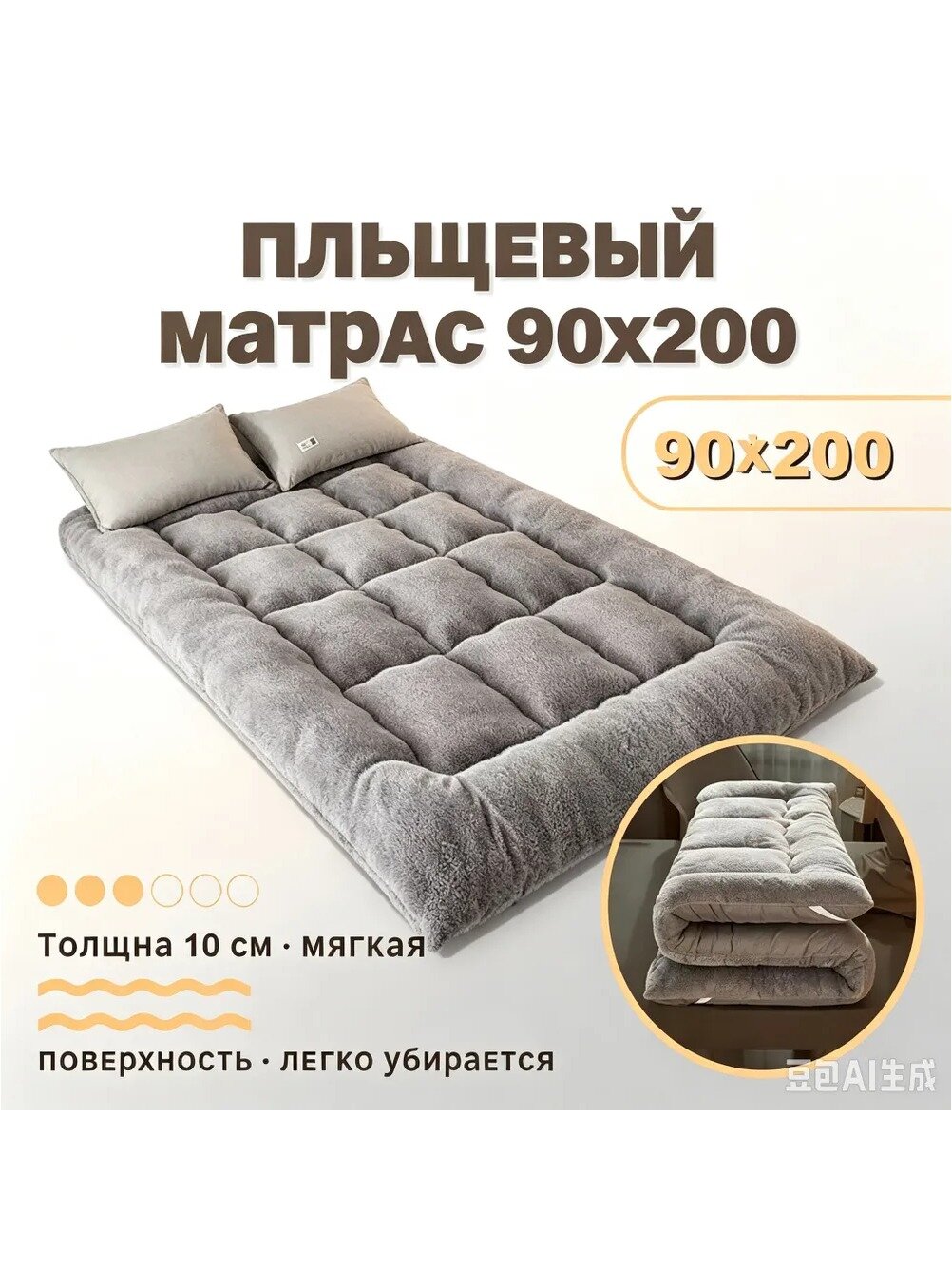 Мягкий беспружинный матрас-топпер 90х200 см, толщина 10 см, серый