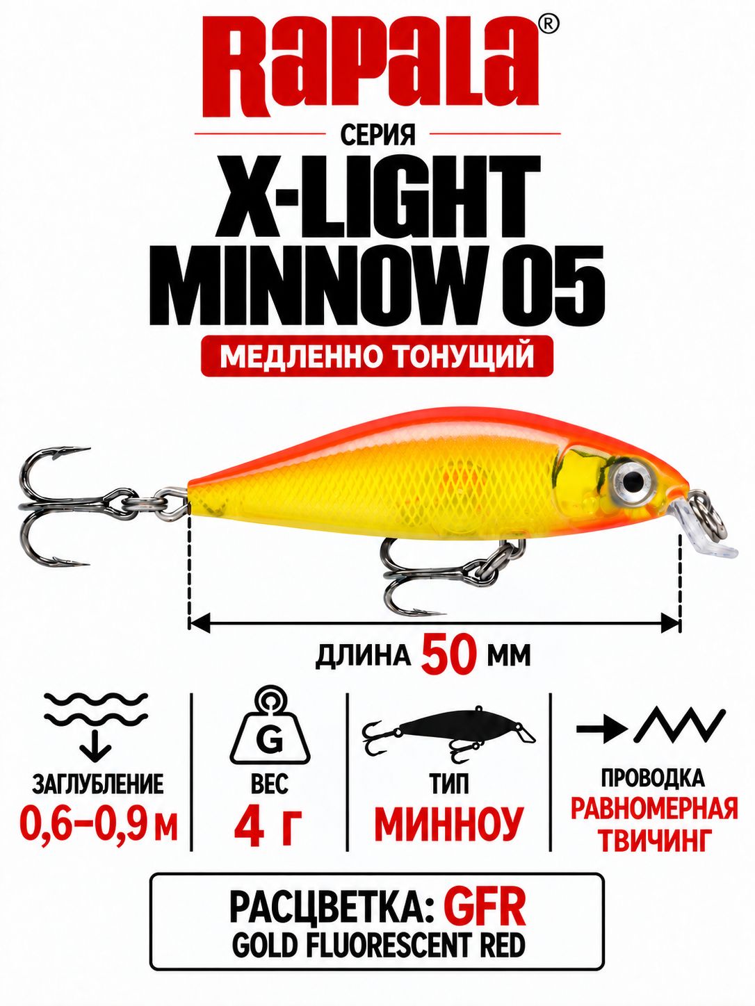 Воблер RAPALA X-Light Minnow 05 GFR медленно тонущий 0,6-0,9м, 5см, 4гр