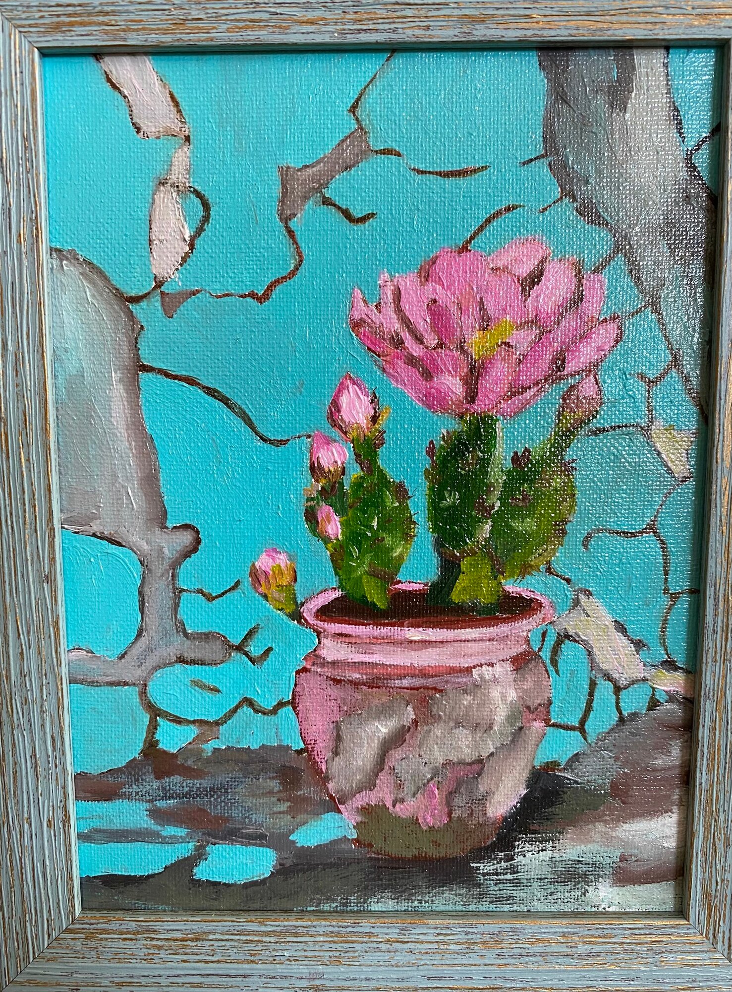 Картина маслом. В раме. Розовый кактус.