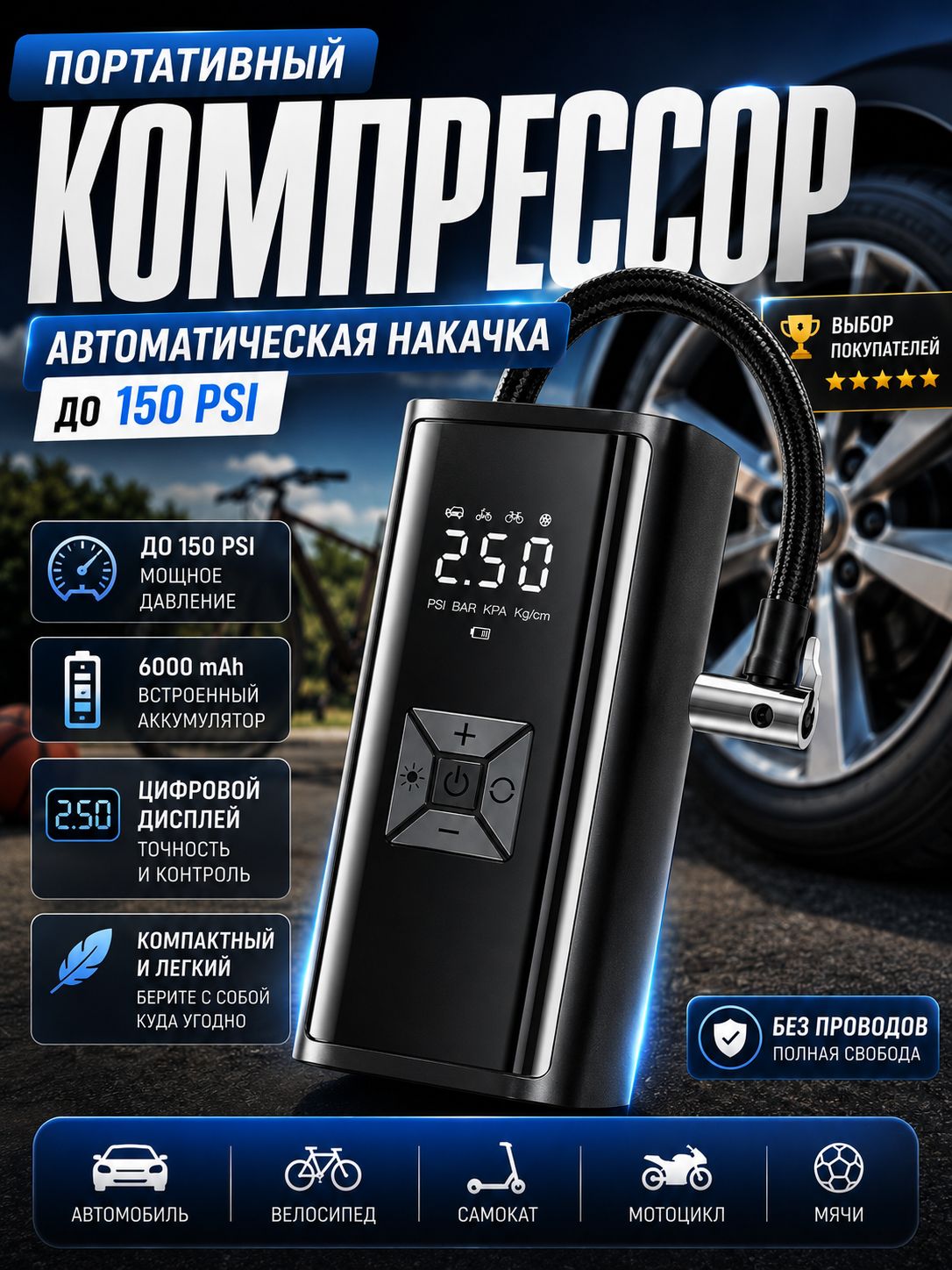 Компрессор автомобильный аккумуляторный с автостопом, электрический насос для автомобиля и велосипеда, 150 PSI, 6000 мАч