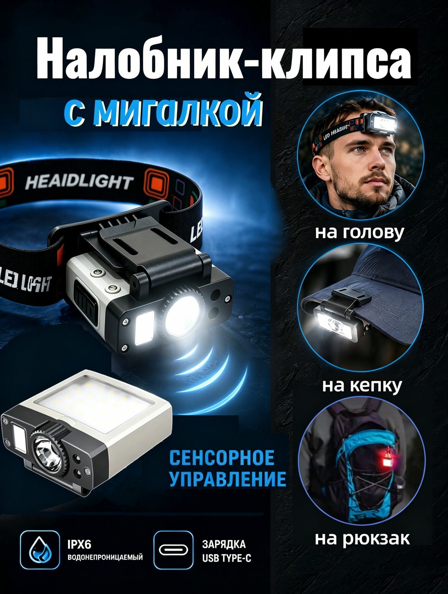 Фонарь налобный аккумуляторный/фонарик налобный/мощный для дома, ремонта, рыбалки, туризма и отдыха на природе, с провер