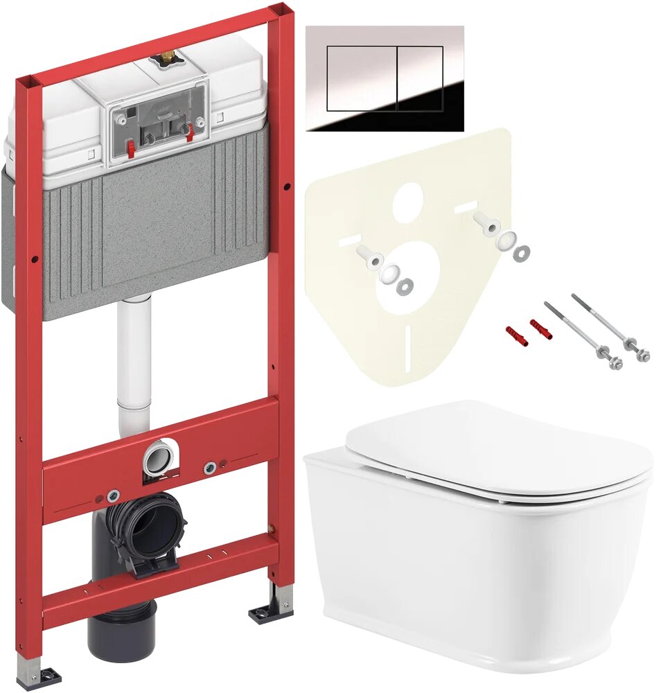 Комплект 3 в 1 Унитаз подвесной BelBagno Prado BB10150CH, безободковый / Сиденье BB10150SC, с микролифтом, петли хром / Инсталляция с кнопкой TECE Base 9400412 цвет хром