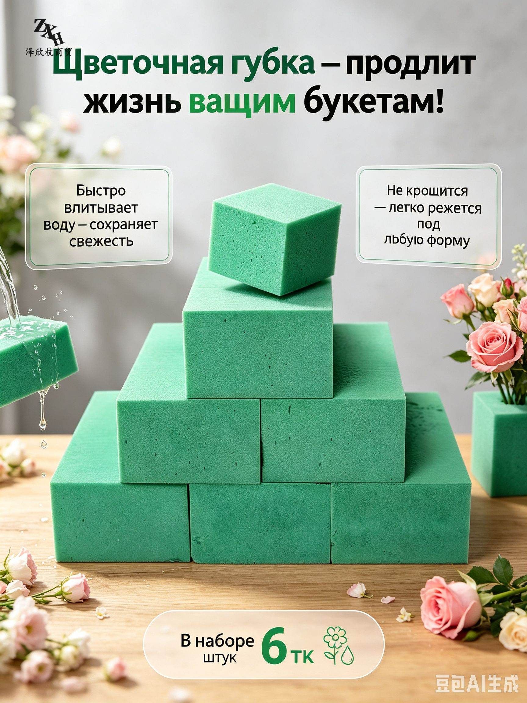 Губка флористическая, пена пиафлор - цветочная-губка-6шт, для создания букетов из живых цветов/декора/флористики, оазис зеленый.