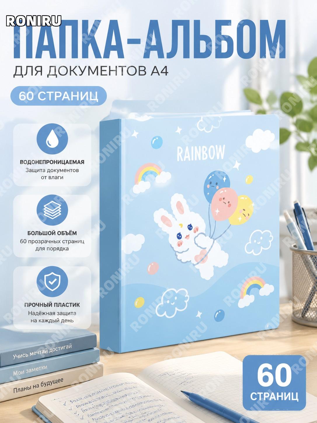 Папка для документов А4 на 60 листов синяя пластиковая для бумаг, деловых документов и учебных материалов