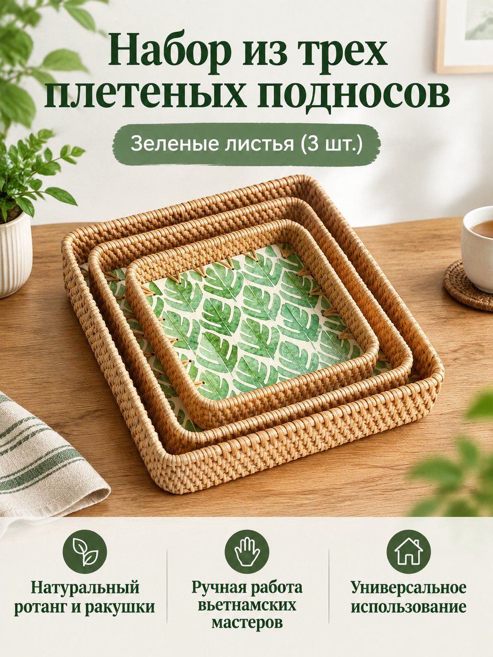 Набор фруктовых тарелок из 3 предметов: маленькая, средняя и большая квадратная корзина с ручной инкрустацией ракушек зелёные водоросли