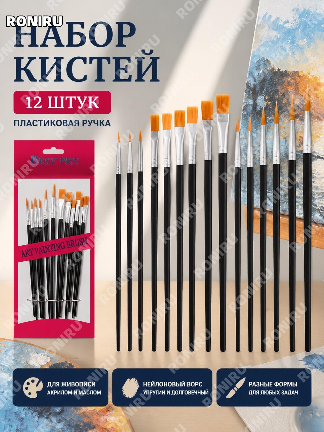 Набор кистей для рисования ET-B05, 12 шт, пластиковые черные кисти с комбинированным наконечником для живописи