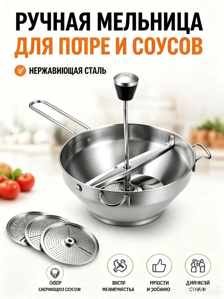 Измельчитель для овощей и фруктов, MOTTA 06500/20. Терка-сито для протирки, машинка механическая для протирки пюре Готовьте варенье, используя 3 сменных аксессуара