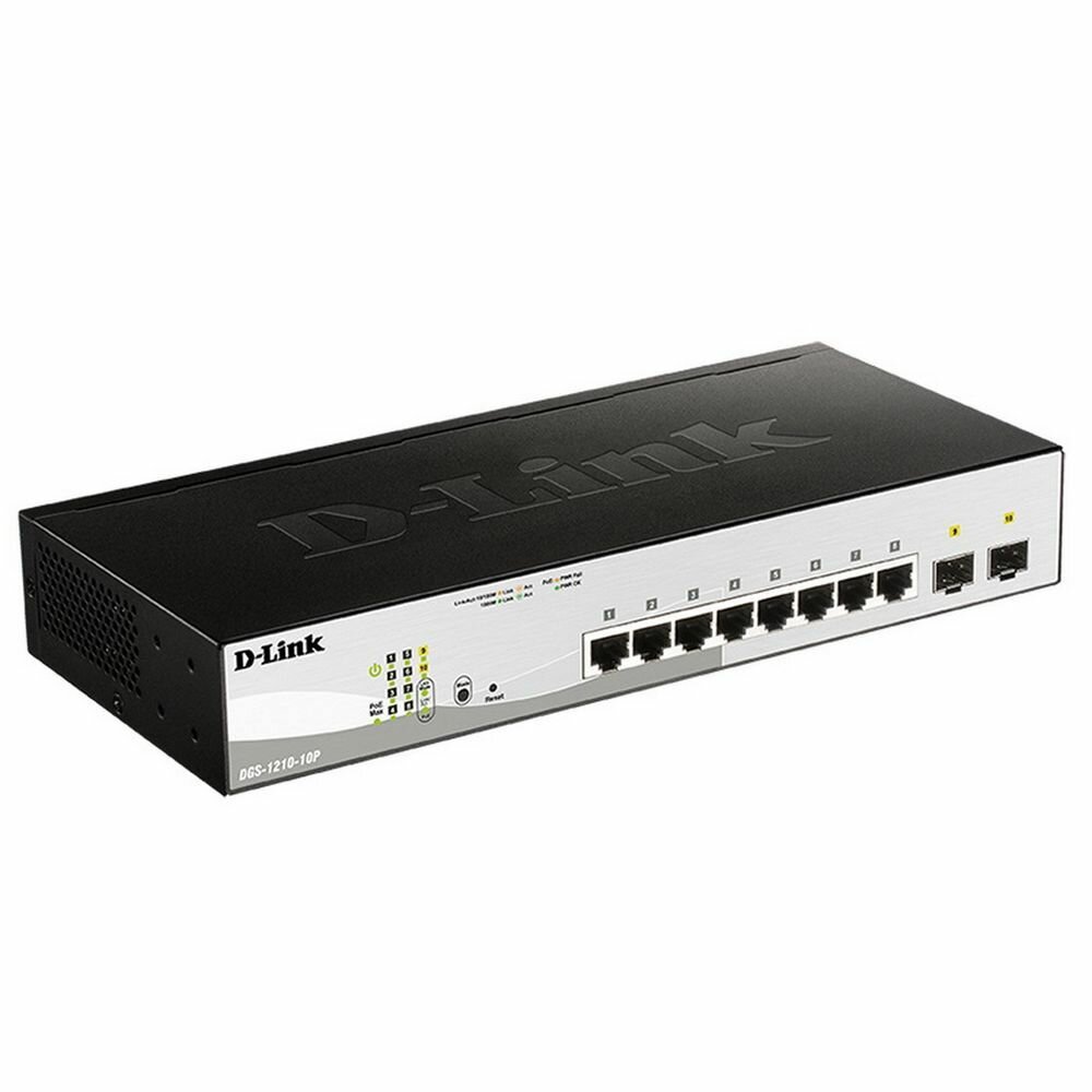 Коммутатор/ DGS-1210-10P/FL Managed L2 Switch 8x1000Base-T PoE, 2x1000Base-X SFP, PoE Budget 65W, Surge 6KV, CLI