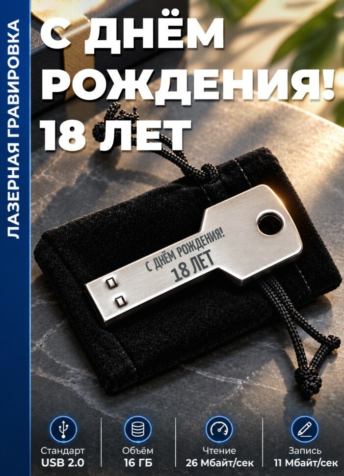 Флешка ключ "С днём рождения! 18 лет" (16 гб)